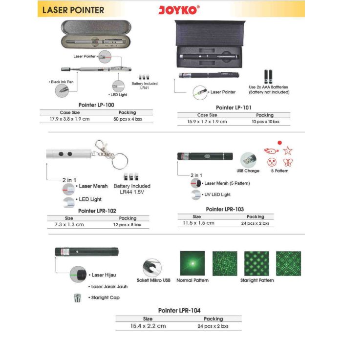 Laser Pointer Joyko Green & red (Hijau / merah) untuk presentasi